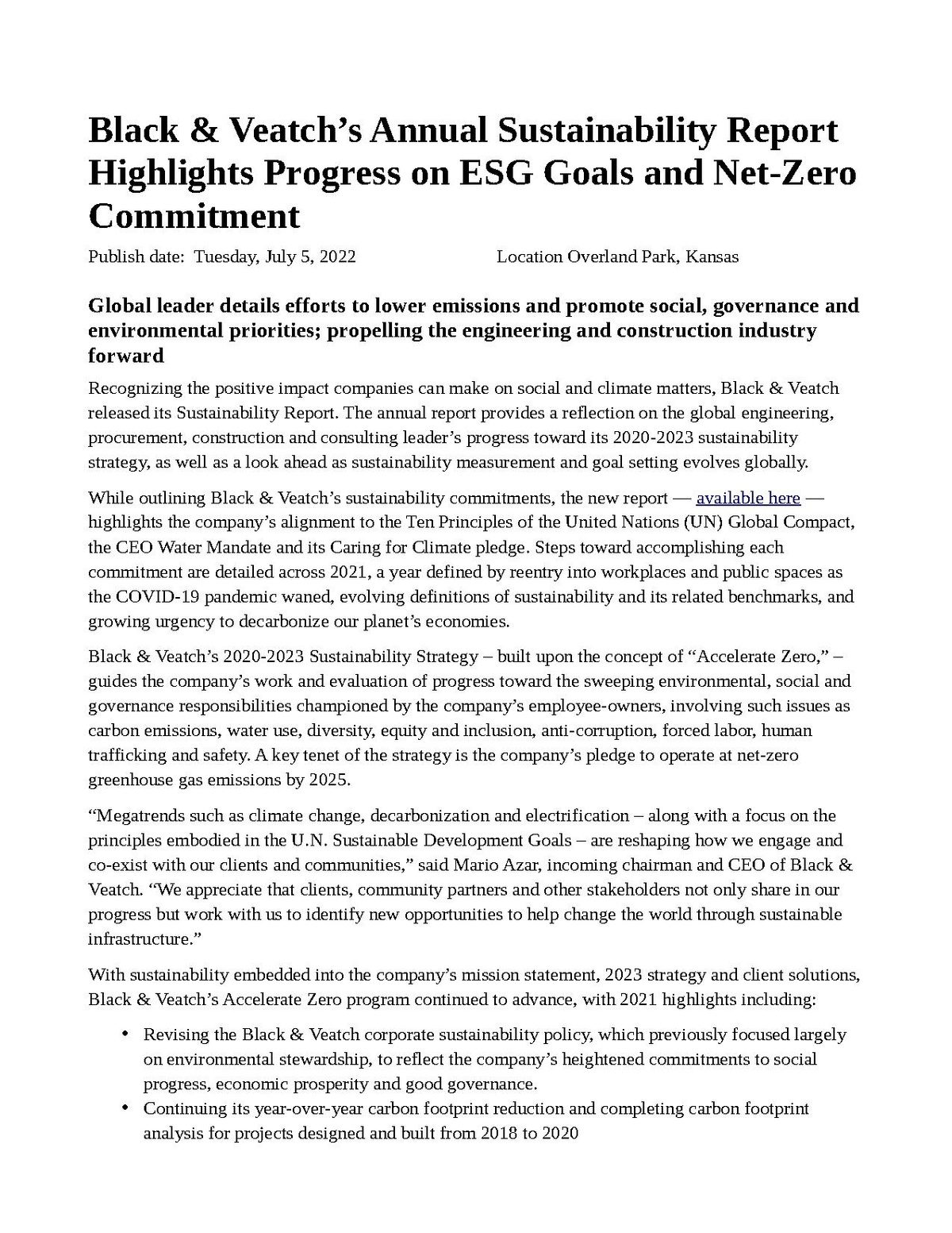 Black & Veatch’s Annual Sustainability Report 2022 - OpenCommons