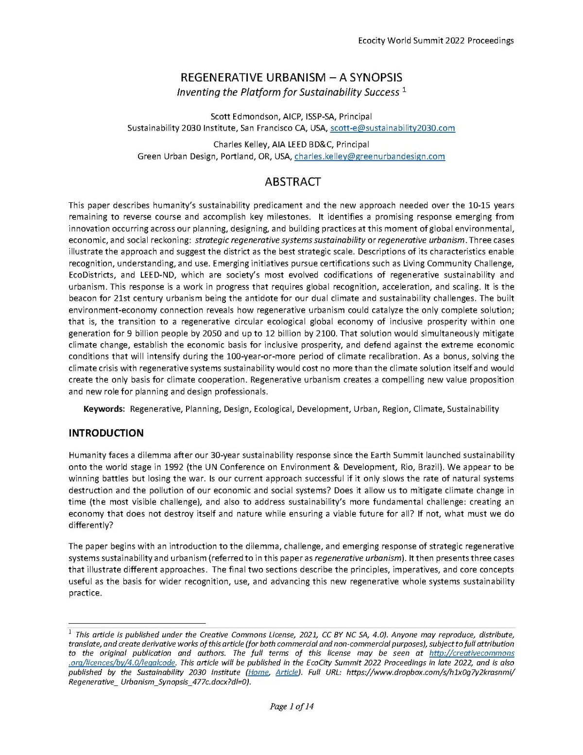 Regenerative Urbanism - A Synopsis, Inventing the Platform for Sustainability Success - OpenCommons