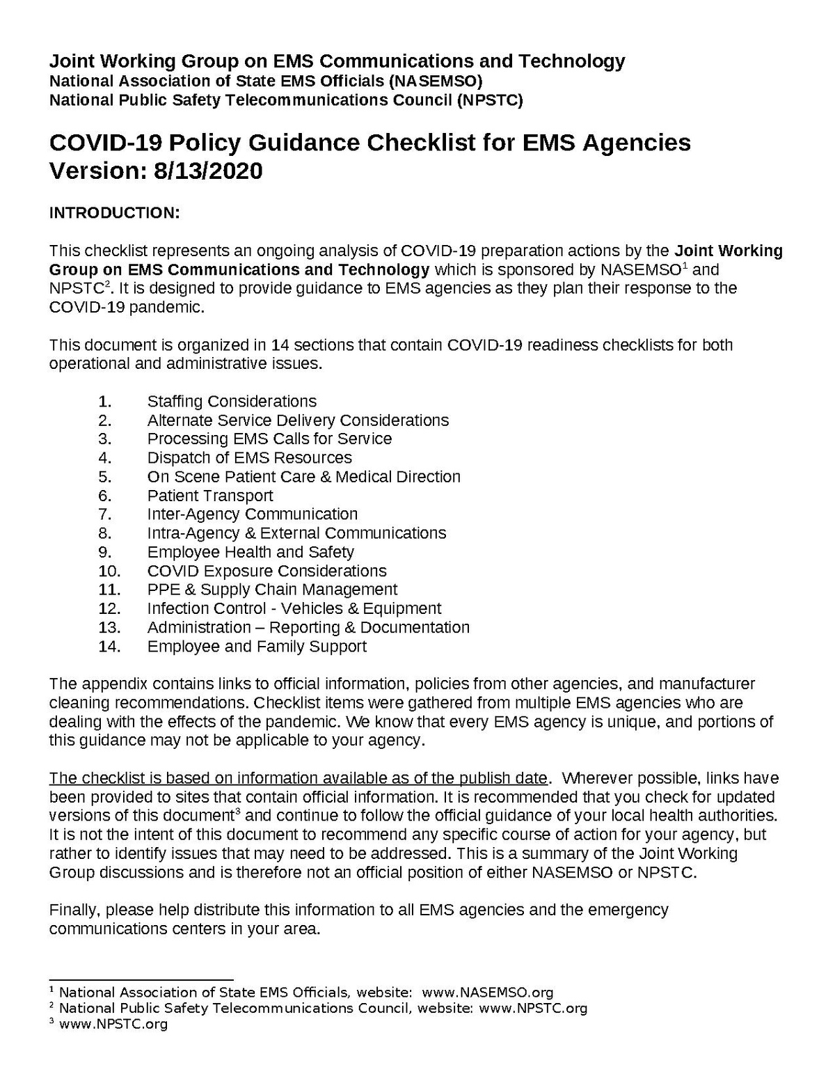 COVID-19 Checklist for EMS Agencies by NASEMSO and NPSTC - OpenCommons