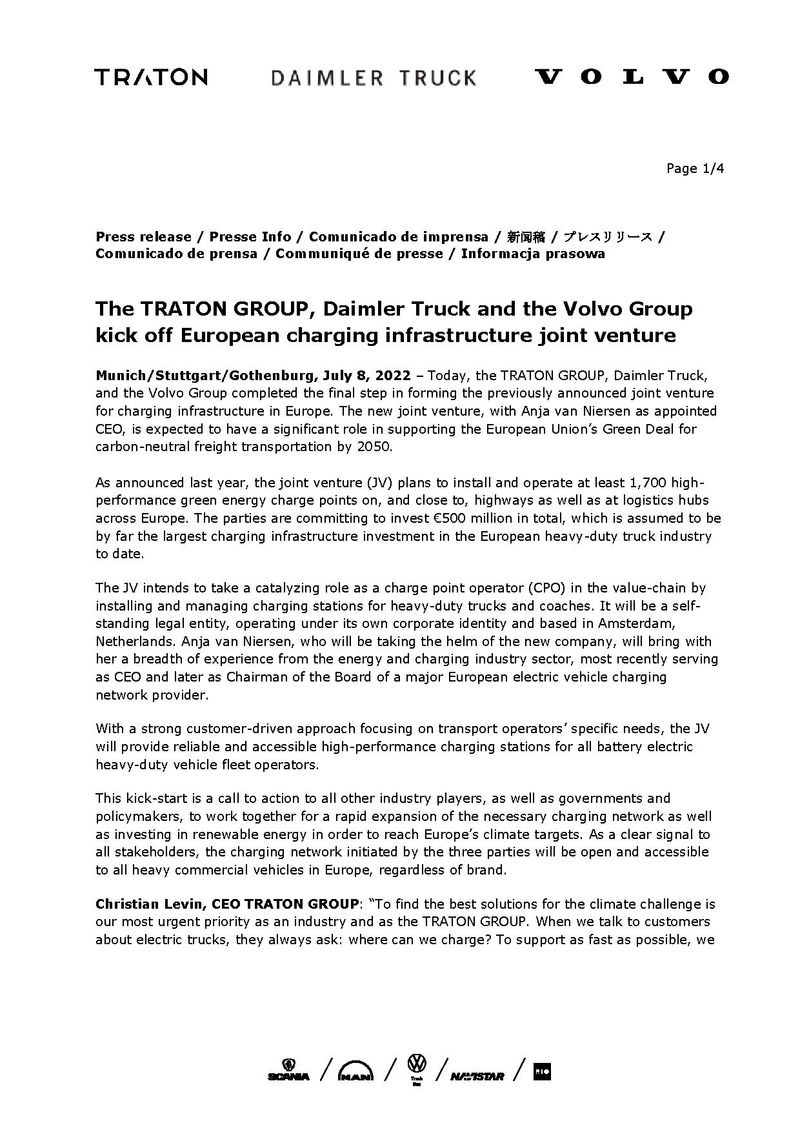 Traton Group, Daimler Truck and Volvo Group European charging ...